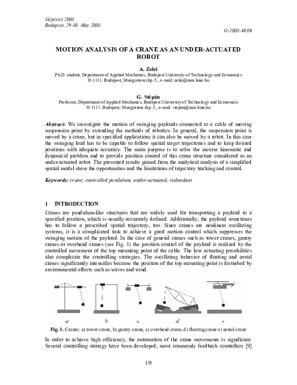 (PDF) Crane Motion Analysis as an Under-Actuated Robot
