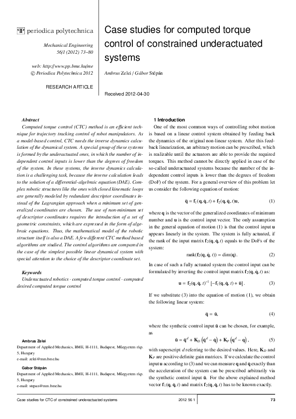 (PDF) Case studies for computed torque control of constrained underactuated systems
