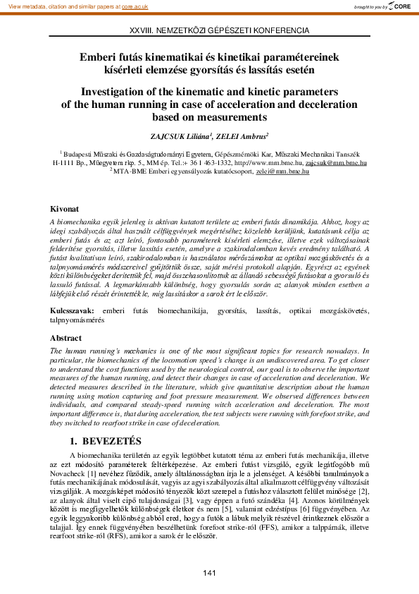 (PDF) Emberi futás kinematikai és kinetikai paramétereinek kísérleti ...