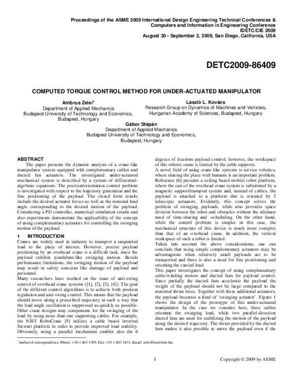 (PDF) Computed Torque Control Method for Under-Actuated Manipulator