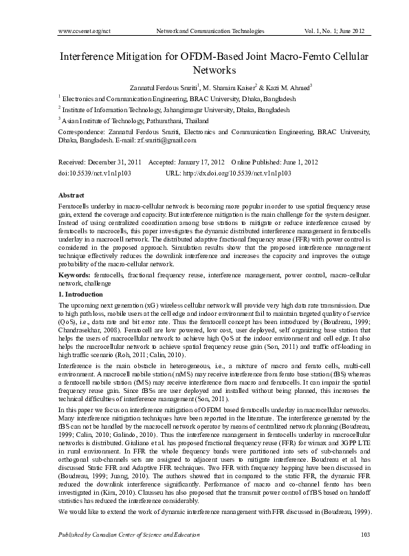 Pdf Interference Mitigation For Ofdm Based Joint Macro Femto Cellular Networks Kazi Foyez