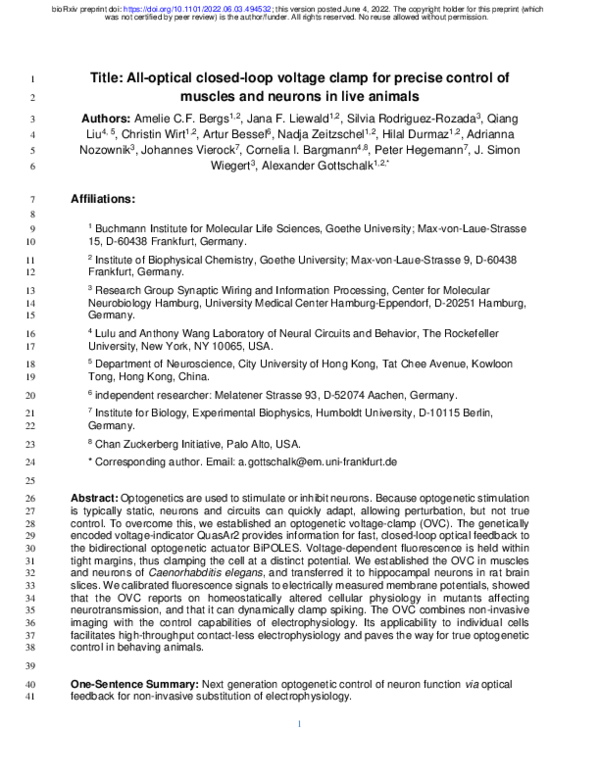Pdf All Optical Closed Loop Voltage Clamp For Precise Control Of Muscles And Neurons In Live