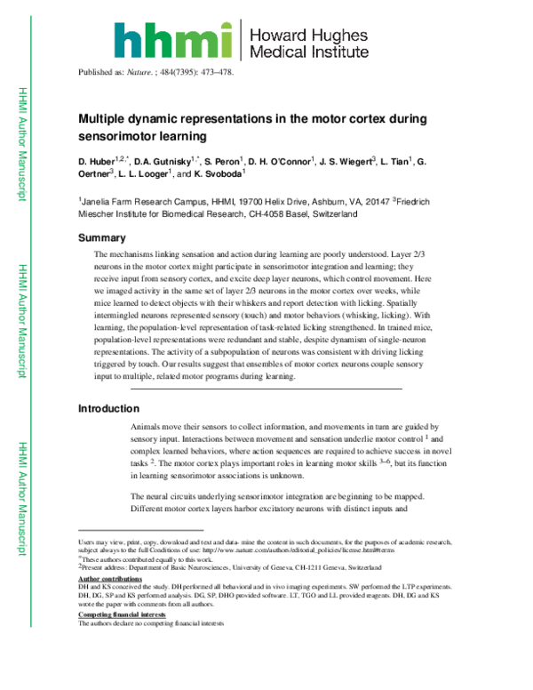 (PDF) Multiple dynamic representations in the motor cortex during sensorimotor learning