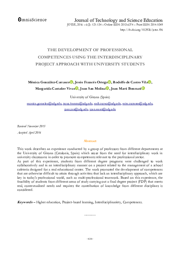(PDF) The development of professional competences using the interdisciplinary project approach ...
