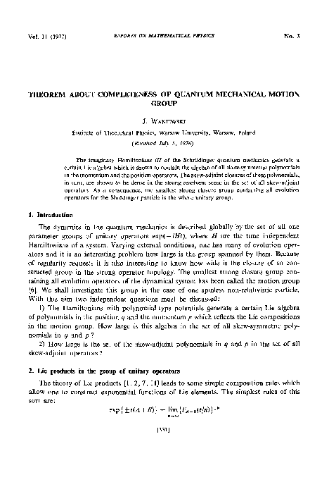 (PDF) Theorem about completeness of quantum mechanical motion group