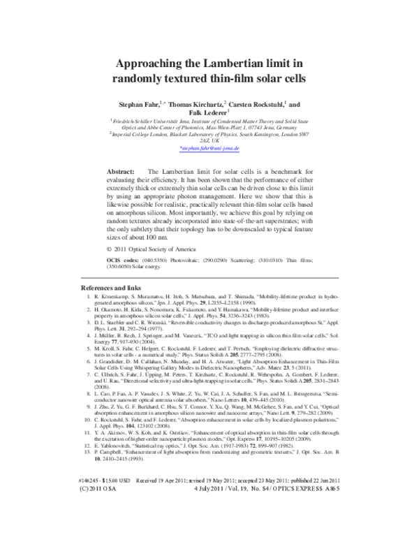(PDF) Approaching the Lambertian limit in randomly textured thin-film ...
