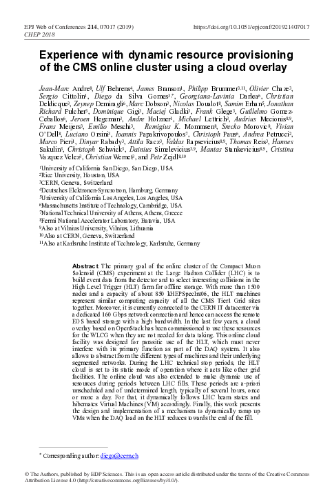 (PDF) Experience with dynamic resource provisioning of the CMS online cluster using a cloud overlay