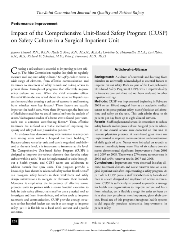 (PDF) Impact of the Comprehensive Unit-Based Safety Program (CUSP) on ...