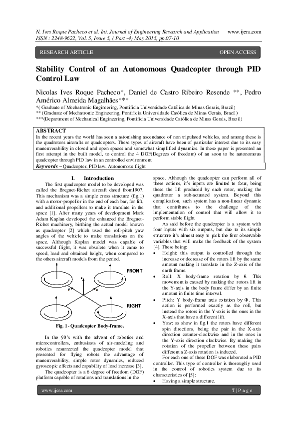 (PDF) Stability Control of an Autonomous Quadcopter through PID Control Law
