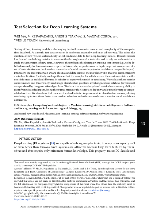 (PDF) Test Selection for Deep Learning Systems