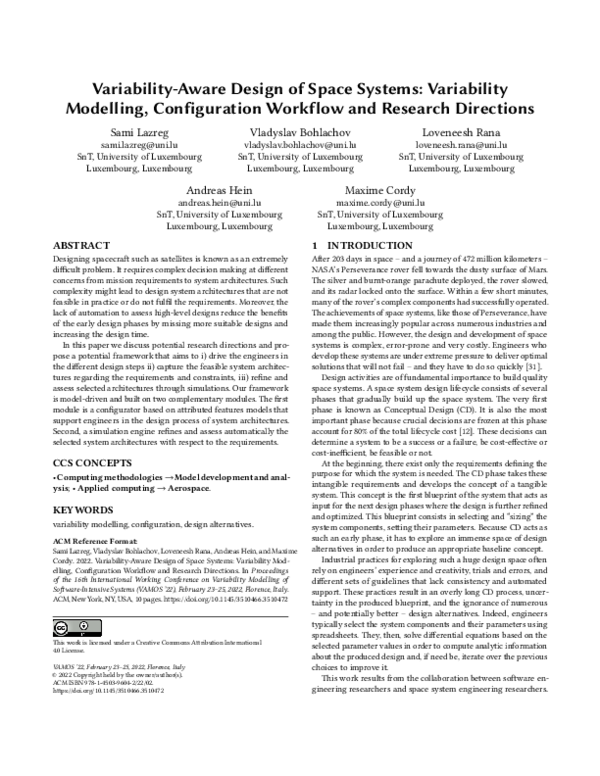 Pdf Variability Aware Design Of Space Systems Variability Modelling Configuration Workflow