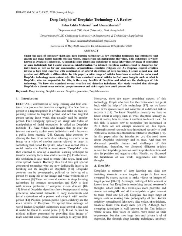 (PDF) Deep Insights of Deepfake Technology : A Review