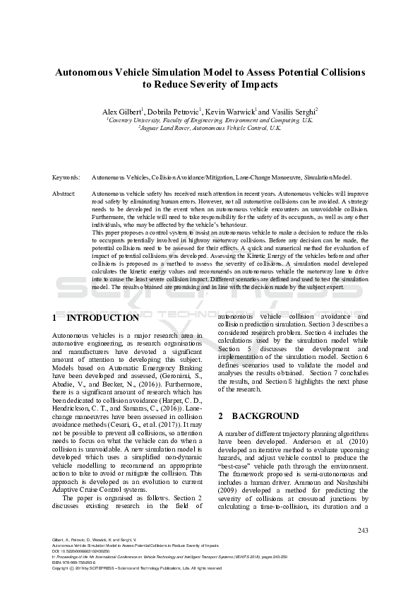Pdf Autonomous Vehicle Simulation Model To Assess Potential Collisions To Reduce Severity Of