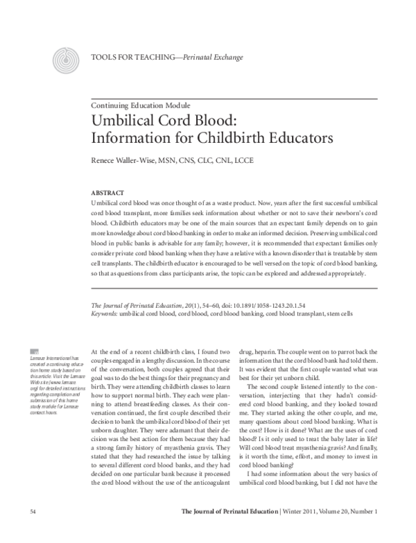 (PDF) Umbilical Cord Blood: Information for Childbirth Educators