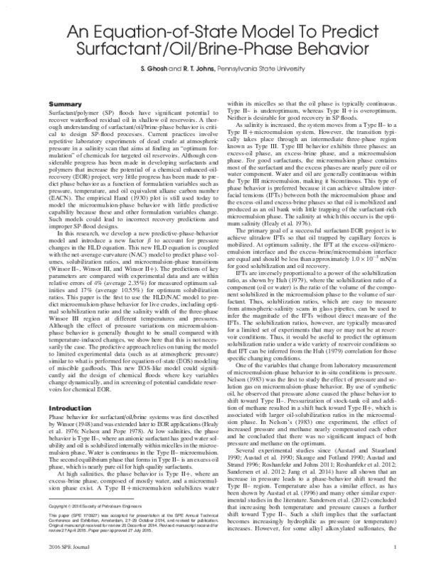 (PDF) An Equation-of-State Model To Predict Surfactant/Oil/Brine-Phase Behavior