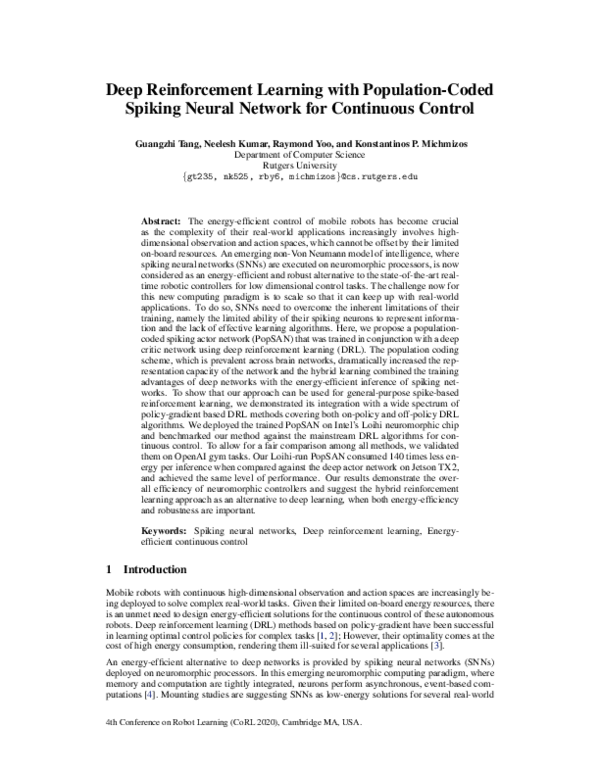 Pdf Deep Reinforcement Learning With Population Coded Spiking Neural Network For Continuous