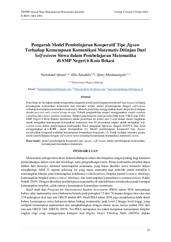 (PDF) Pengaruh Model Pembelajaran Kooperatif Tipe Jigsaw Terhadap Kemampuan Komunikasi Matematis ...