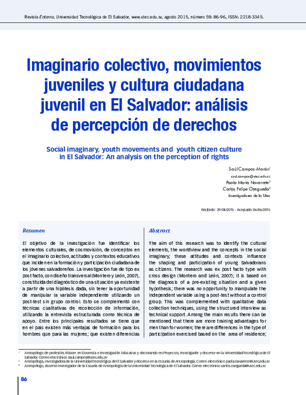(PDF) Imaginario colectivo, movimientos juveniles y cultura ciudadana juvenil en El Salvador ...