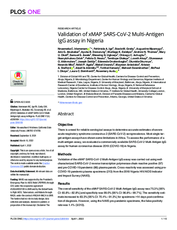 (PDF) Validation of xMAP SARS-CoV-2 Multi-Antigen IgG assay in Nigeria | Maureen Aniedobe ...