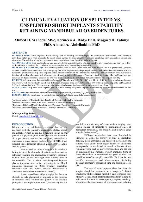 (PDF) Clinical Evaluation of Splinted vs. Unsplinted Short Implants ...