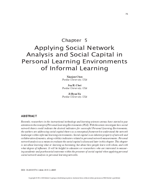 (PDF) Applying Social Network Analysis and Social Capital in Personal Learning Environments of ...
