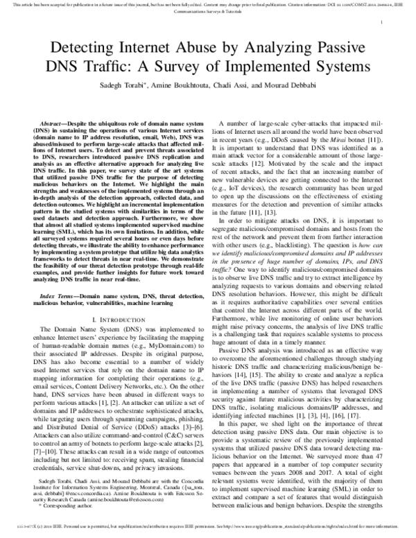 (PDF) Detecting Internet Abuse by Analyzing Passive DNS Traffic: A Survey of Implemented Systems