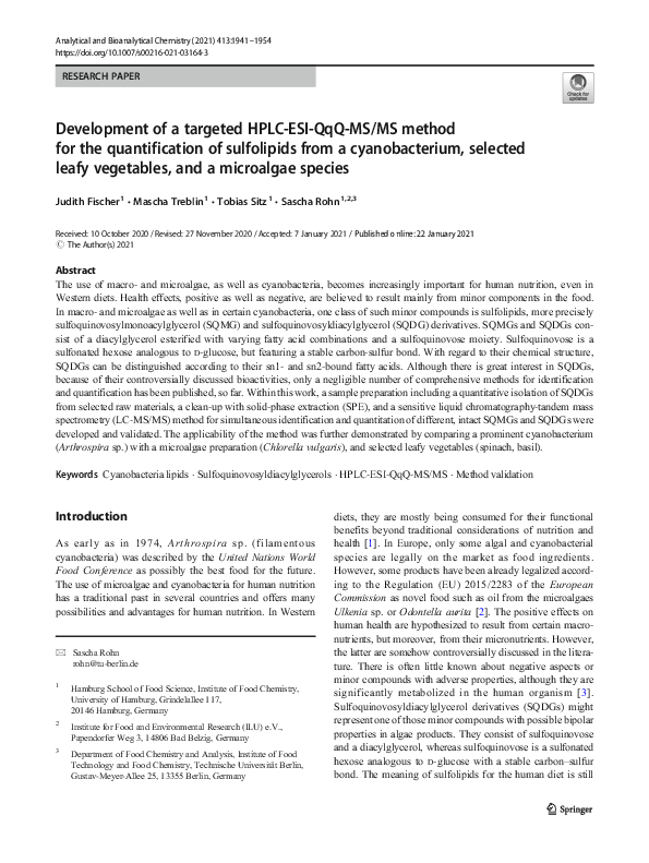 (PDF) Development of a targeted HPLC-ESI-QqQ-MS/MS method for the quantification of sulfolipids ...