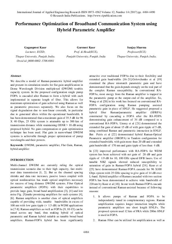 Pdf Performance Optimization Of Broadband Communication System Using Hybrid Parametric Amplifier