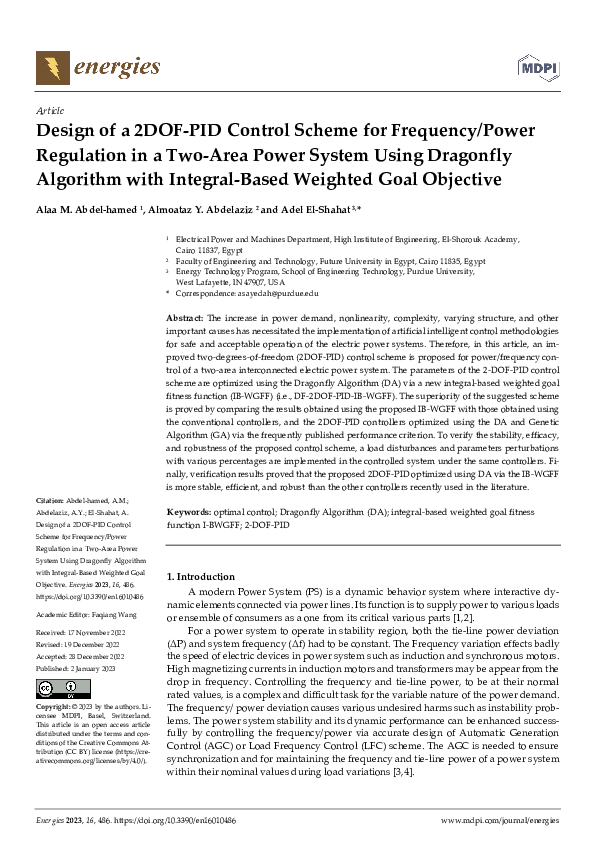 (PDF) Design of a 2DOF-PID Control Scheme for Frequency/Power Regulation in a Two-Area Power ...