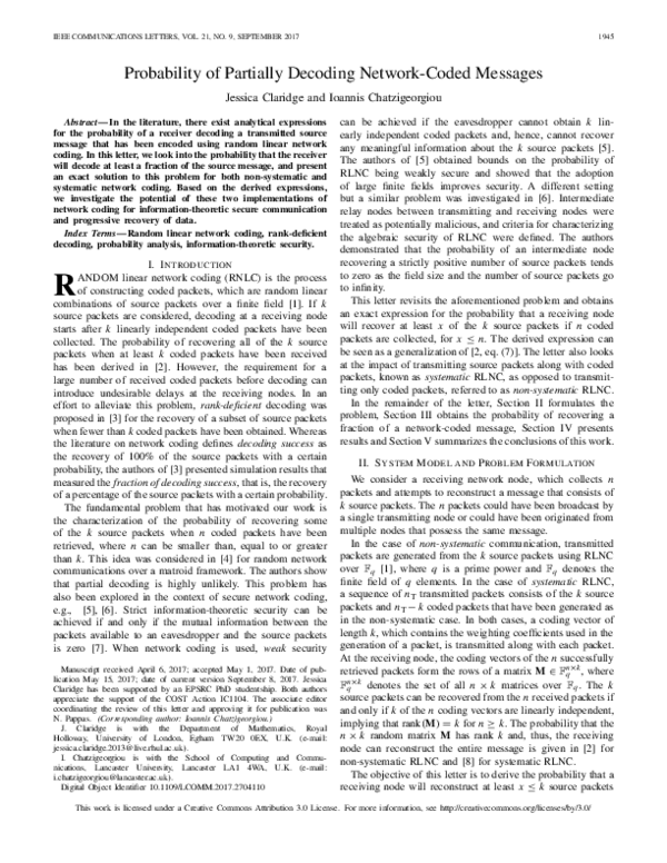 (PDF) Probability of Partially Decoding Network-Coded Messages | Jessica Claridge - Academia.edu