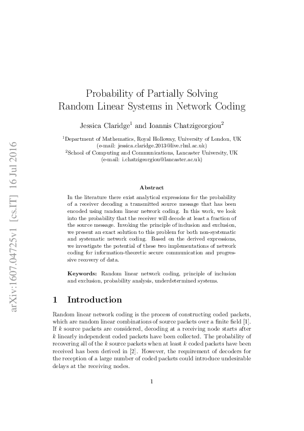 (PDF) Probability of Partially Solving Random Linear Systems in Network Coding