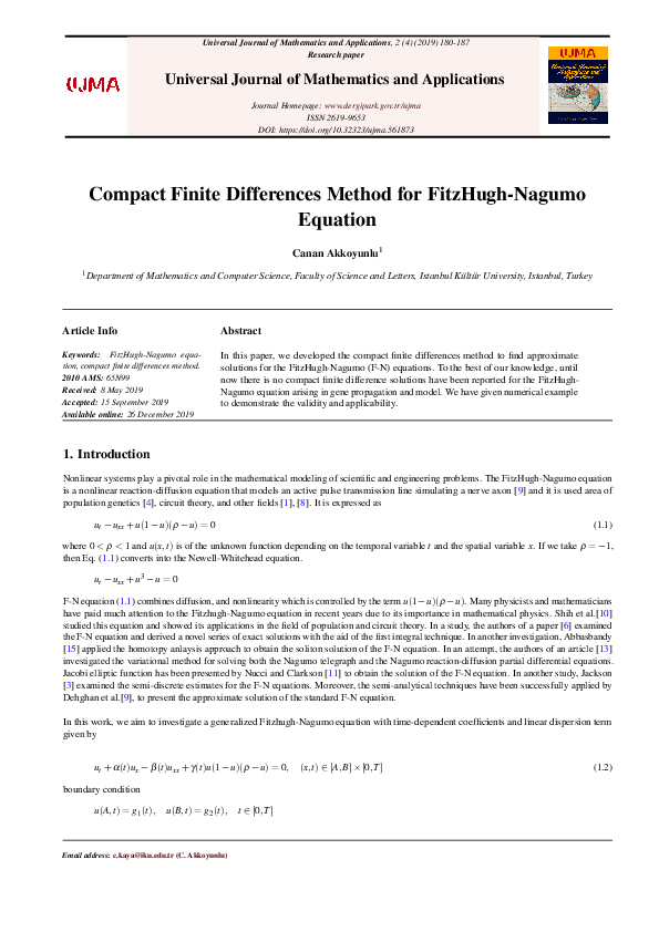 (PDF) Compact Finite Differences Method for FitzHugh-Nagumo Equation