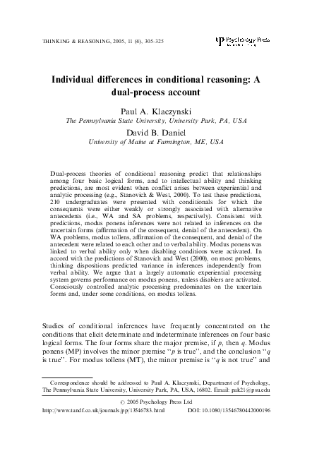 (PDF) Individual differences in conditional reasoning: A dual-process ...
