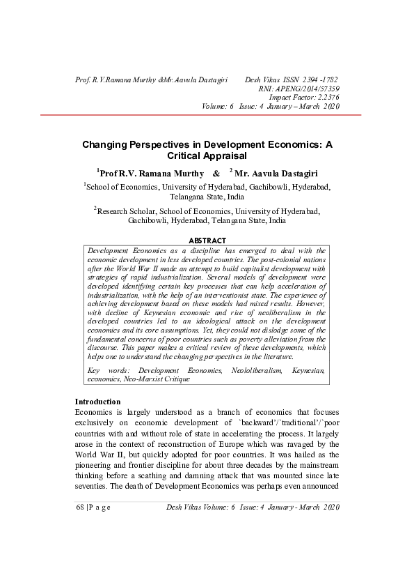(PDF) Changing Perspectives in Development Economics: A Critical Appraisal