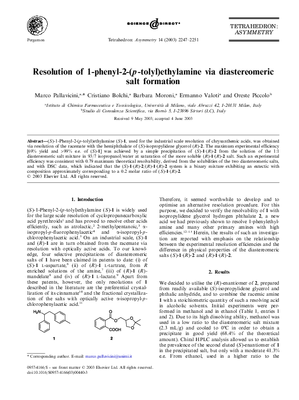 (PDF) Resolution of 1-phenyl-2-(p-tolyl)ethylamine via diastereomeric ...