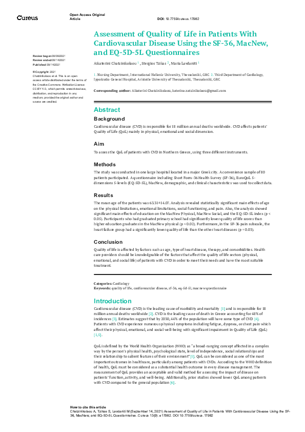 (PDF) Assessment of Quality of Life in Patients With Cardiovascular ...