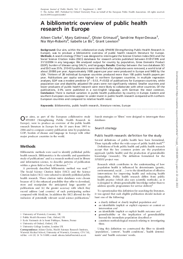(PDF) A bibliometric overview of public health research in Europe