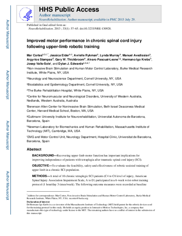 (PDF) Improved motor performance in chronic spinal cord injury following upper-limb robotic ...