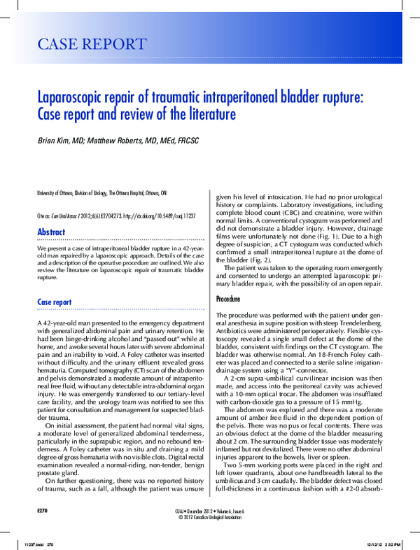 (PDF) Laparoscopic repair of traumatic intraperitoneal bladder rupture ...
