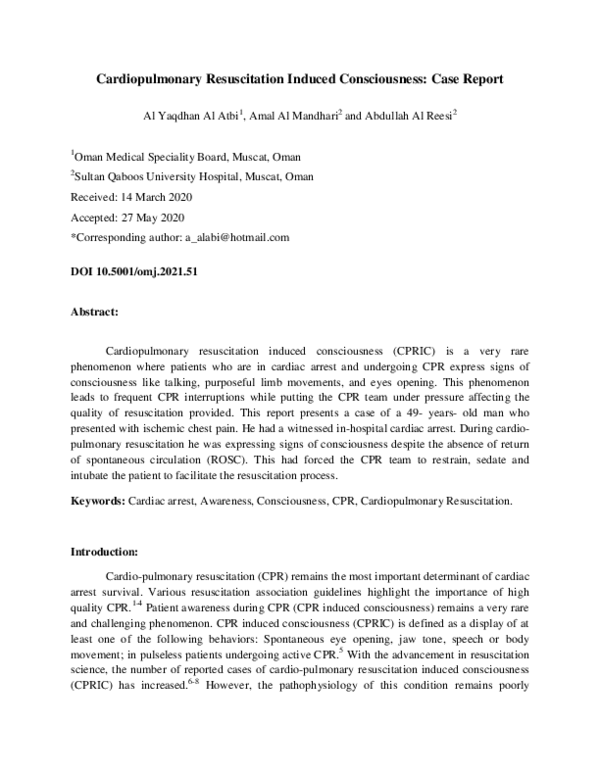 (PDF) Cardiopulmonary Resuscitation Induced Consciousness: A Case Report