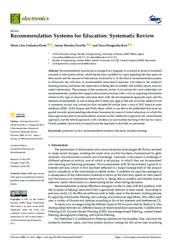 (PDF) Recommendation Systems for Education: Systematic Review