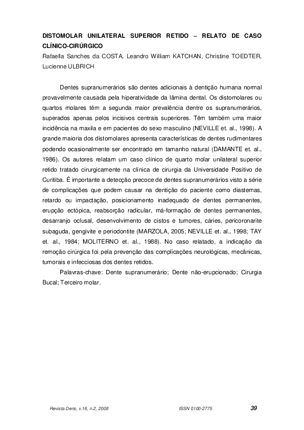 (PDF) Distomolar Unilateral Superior Retido - Relato De Caso Clínico