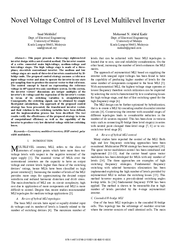 (PDF) Novel voltage control of 18 level multilevel inverter