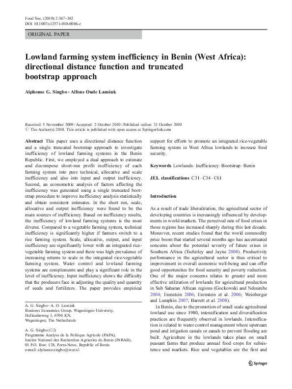 Pdf Lowland Farming System Inefficiency In Benin West Africa