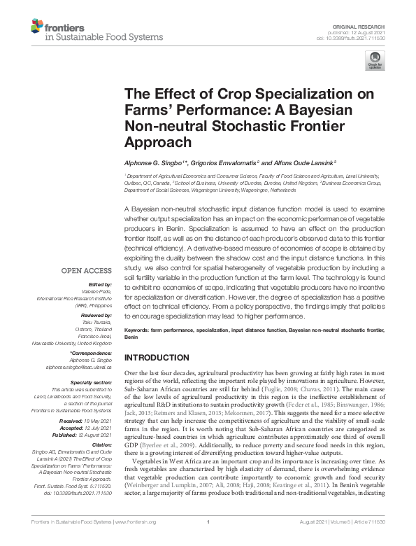 (PDF) The Effect of Crop Specialization on Farms' Performance: A ...