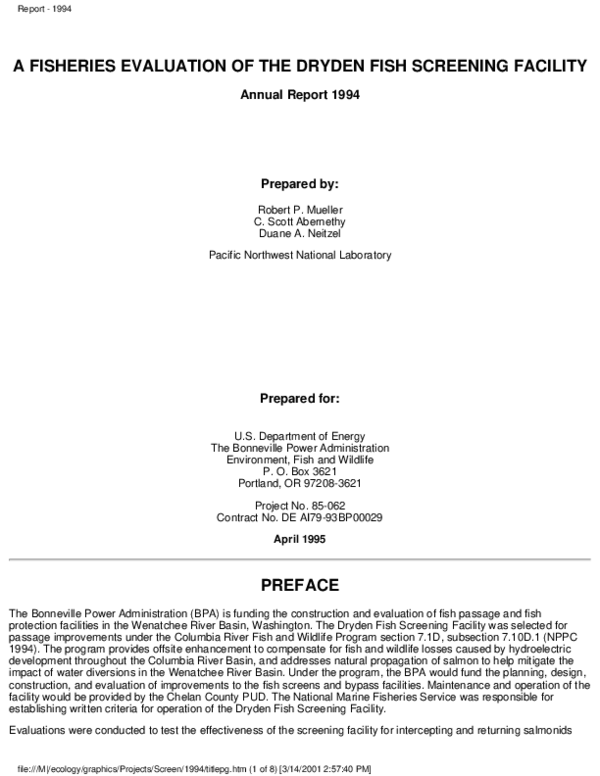 (PDF) A Fisheries Evaluation of the Dryden Fish Screening Facility ...