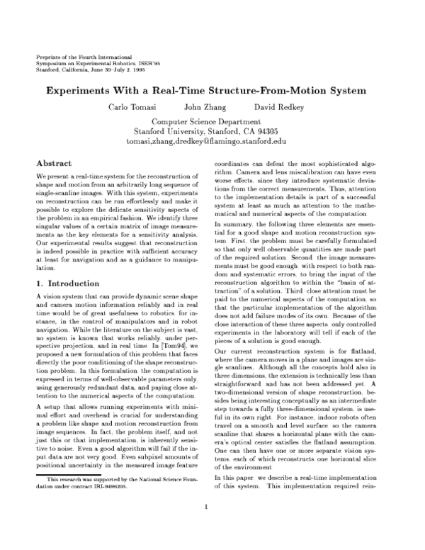 Pdf Experiments With A Real Time Structure From Motion System