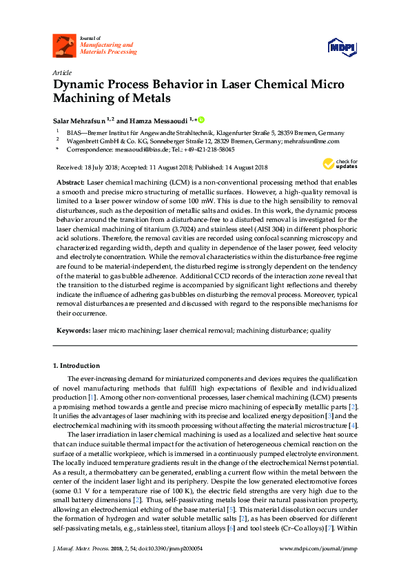 (PDF) Dynamic Process Behavior in Laser Chemical Micro Machining of Metals