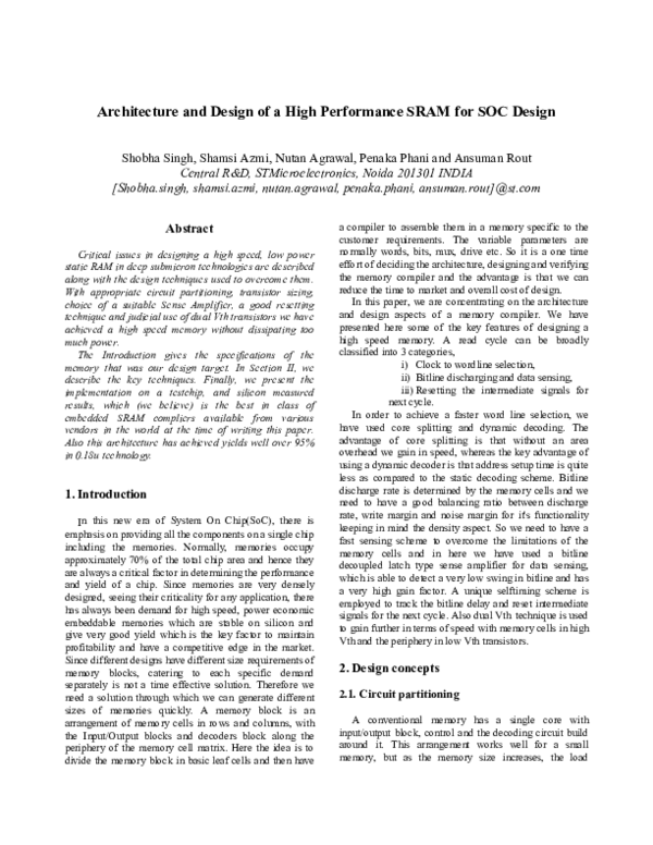 Pdf Architecture And Design Of A High Performance Sram For Soc Design