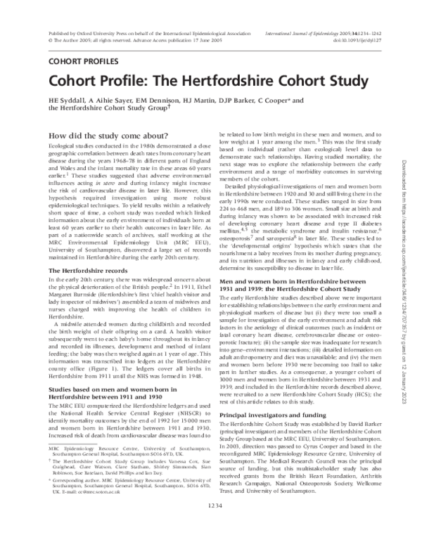 (PDF) Cohort Profile: The Hertfordshire Cohort Study | Sian Robinson - Academia.edu